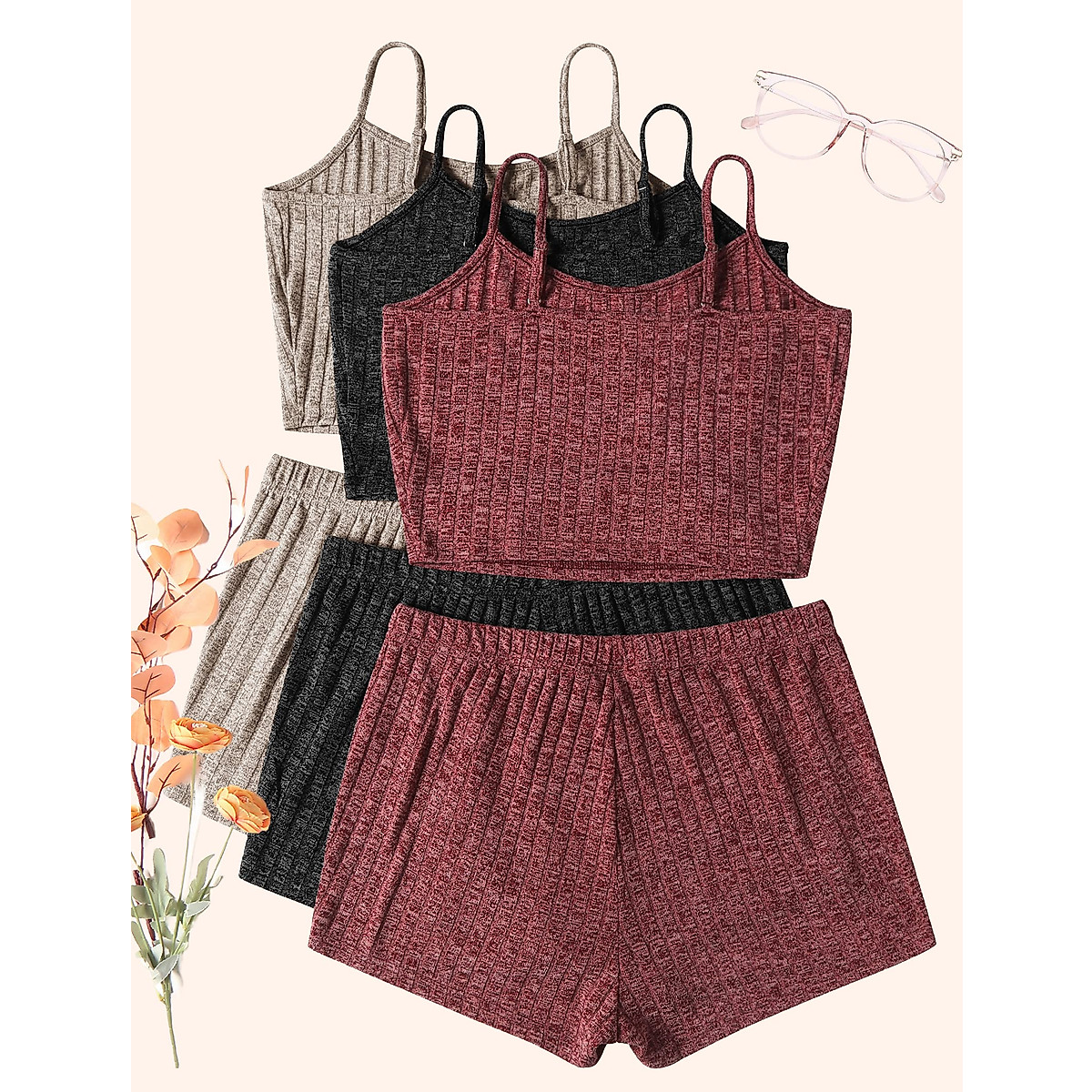 Ekouaer 3 Sets for Women Ribbed Pajamas Crop Cami Top and Shorts Pjs Casual Sleeveless Button Lounge Set Sleepwear Black/Apricot/Wine,X-Large