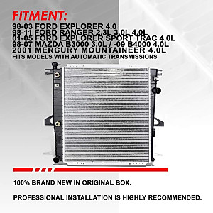 Auto Dynasty DPI 2173 Factory Style 1-Row Cooling Radiator Compatible with Ford Ranger Explorer Mazda B3000 B4000 Mercury Mountaineer 2.3L 3.0L 4.0L AT 98-11, Aluminum Core