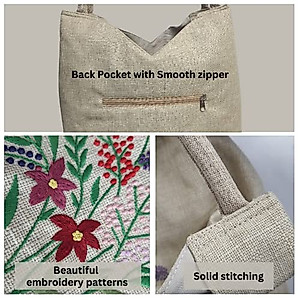 HCRAFT Embroidered Handbags for Women, Large Colorful Flower Shoulder Tote Bag with Zipper,13.8x6.3x14.5, Fabric Tote Bag, Hobo Bags For Women, Mother's Day Bag, Tote Bag Aesthetic with Inner Pocket