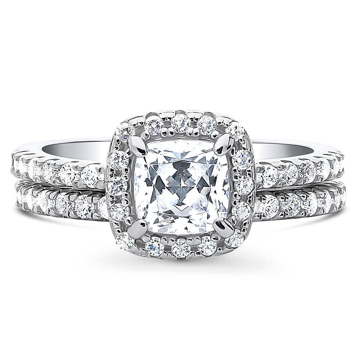 BERRICLE Sterling Silver Halo Wedding Engagement Rings Cushion Cut Cubic Zirconia CZ Ring Set for Women, Rhodium Plated Size 6