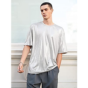 WDIRARA Men's Metallic Crewneck Short Sleeve Party Club Oversized Tee Shirt Top Silver M