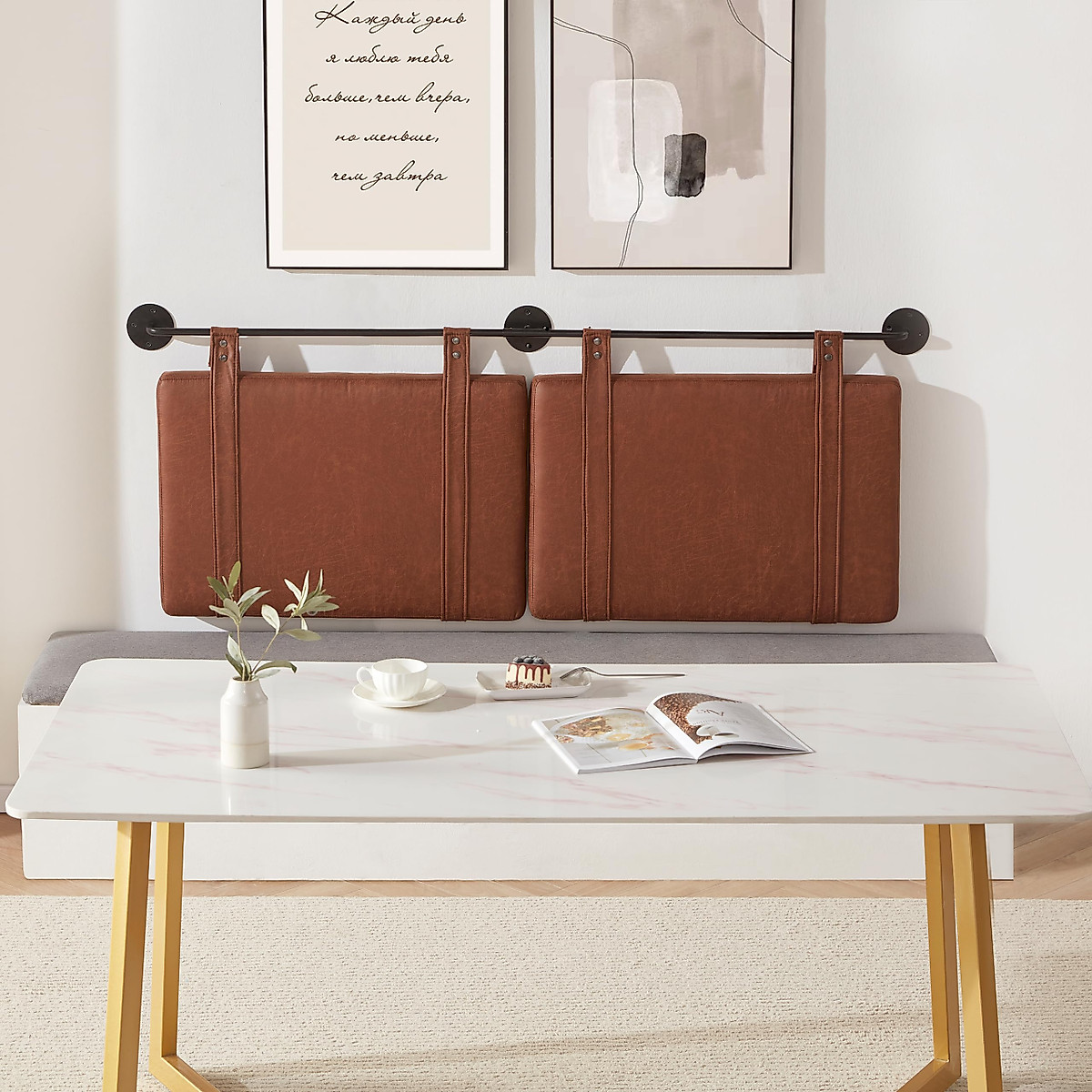 Iroomy Wall Mounted Headboard King with Brown Faux Leather Straps, Faux Leather Upholstered Headboard with Adjustable Heigh Headboard, King Headboard with Metal Bar for Dining Room, Bedroom, Brown