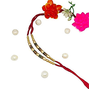 TheNext7 Beautiful Rakhi for Brother, Traditional Design Handmade Rakhi, Rakhee Bracelet for Brother Bhayi Bhabi, White Beads and Red-White-Green Rings Rakhi, Indian Traditional Rakhi Thread Set of 2
