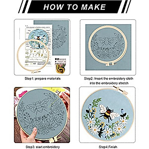 Lukinbox Embroidery Starter Kit for Beginners, 3 Sets Cross Stitch Kits for Adults, Include Embroidery Clothes with Cute Bees and Flowers Patterns, 1 Embroidery Hoop, Threads, Needles and Instruction