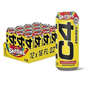 Cellucor C4 Energy Drink, Skittles, Carbonated Sugar Free Pre Workout Performance Drink with no Artificial Colors or Dyes, 16 Oz, Pack of 12