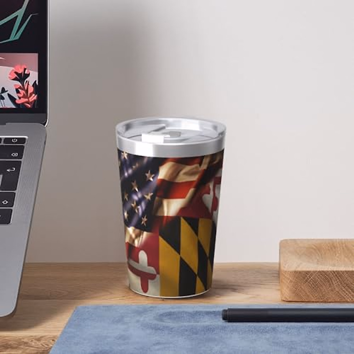 12oz Tumbler Combined Maryland And Usa Flag Stainless Steel Cup With Straw And Lid Spill Proof Bulk Double Wall Vacuum Reusable Water Tumblers For Cold Hot Drink