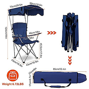 TeqHome Camp Chair with Shade Canopy, Heavy Duty Max Shade Folding Camping Lawn Chair with Cup Holder, UPF 50+ Sun Protection Portable Beach Lounge Chair for Outdoor Sports Support 330 LBS (Navy Blue)