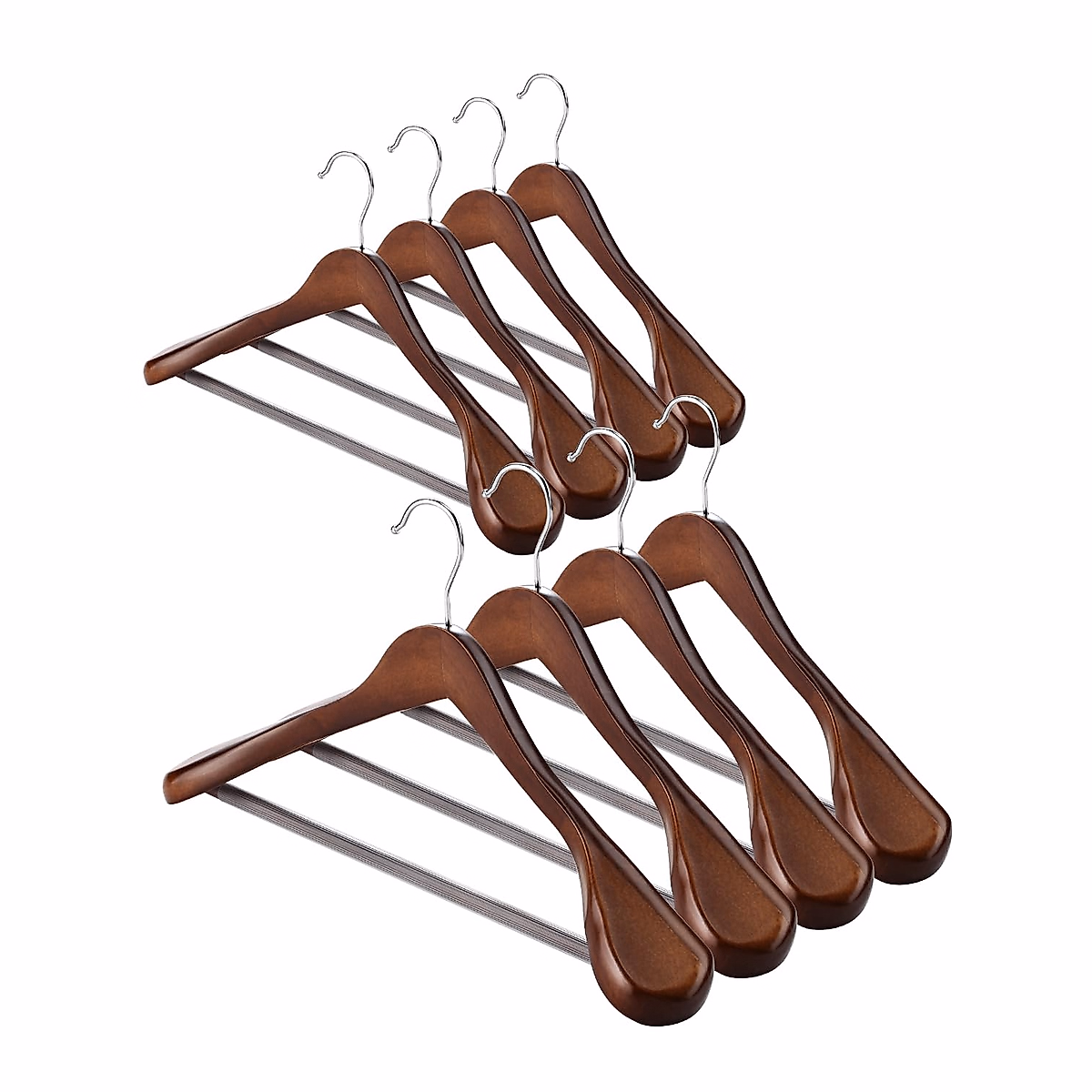 AMKUFO Wide Shoulder Wooden Hangers 8 Pack Coat Hangers with Non Slip Pants Bar, Heavy Duty Suit Hangers Wood Clothes Hangers with Smooth Finish 360° Swivel Hook for Sweater Jackets Shirts Walnut