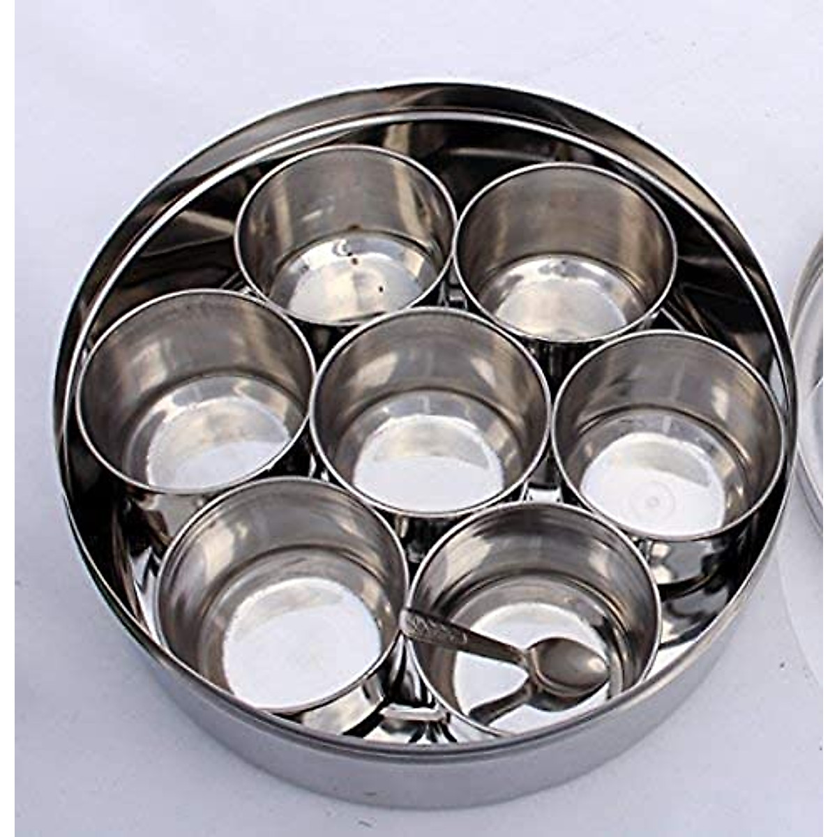 King International Stainless Steel Indian Spice Box, Indian See Through Masala Dabba, Masala Box,Steel Masala Dabba, Indian Spice Container, with 7 Spice containers Size 20 X 20 x 8 cm, Set of 9