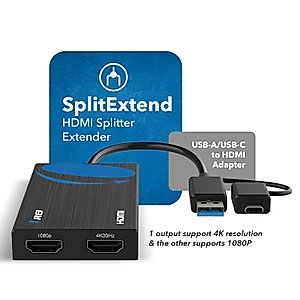 OREI SplitExtend HDMI Splitter Extended Display for Dual Monitor - Multi-Monitor Display 3 Separate Screens - USB A & USB-C Adapter to HDMI 2.0, 4K@30Hz Output 1, 1080p Output 2 for Windows, Mac OS G