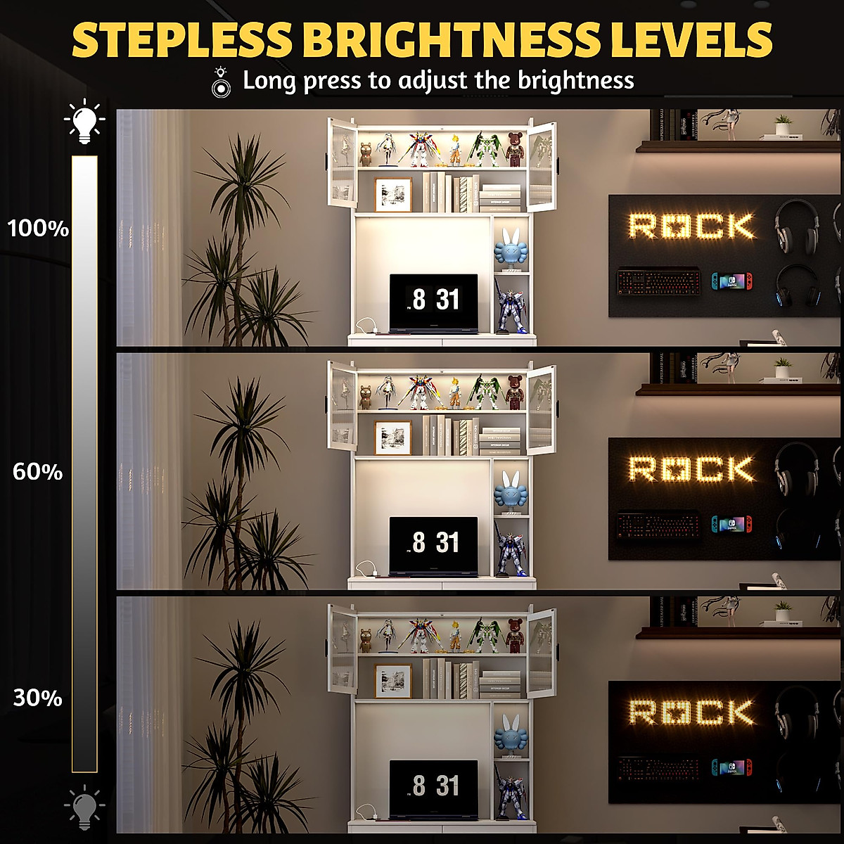 LVSOMT Home Office Desk with Hutch, Modern Computer Gaming Desk with LED Lights & Power Outlets, White Study Table with Storage Shelves, Teen Writing Desk for Bedroom, 31.5'' W