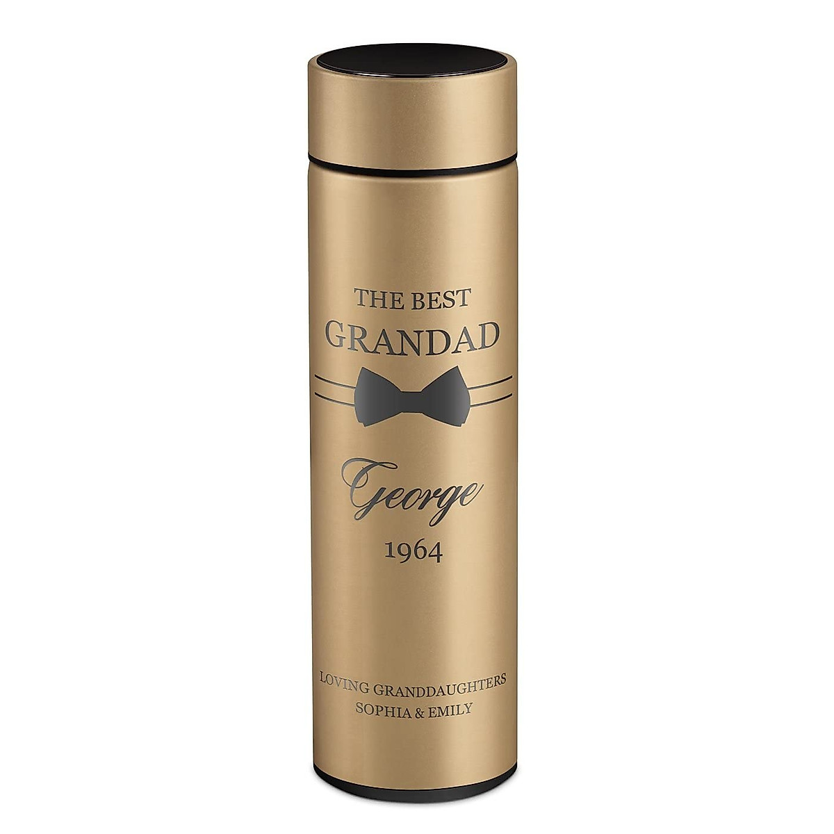 Maverton Personalized Travel Mug for man - Engraved 15,2 oz. vacuum insulated flask - Tea infuser - Gold Coffee Mug for Birthday - LED Temperature Display - Gadget for him - BOW