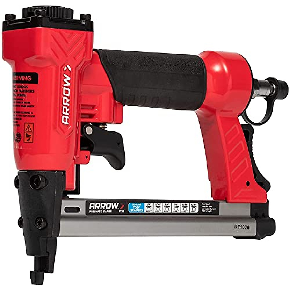Arrow PT50 Oil-Free Pneumatic Staple Gun, Professional Heavy-Duty Stapler for Wood, Upholstery, Carpet, Wire Fencing, Fits 1/4”, 5/16”, 3/8", 1/2", 9/16” Staples , Red