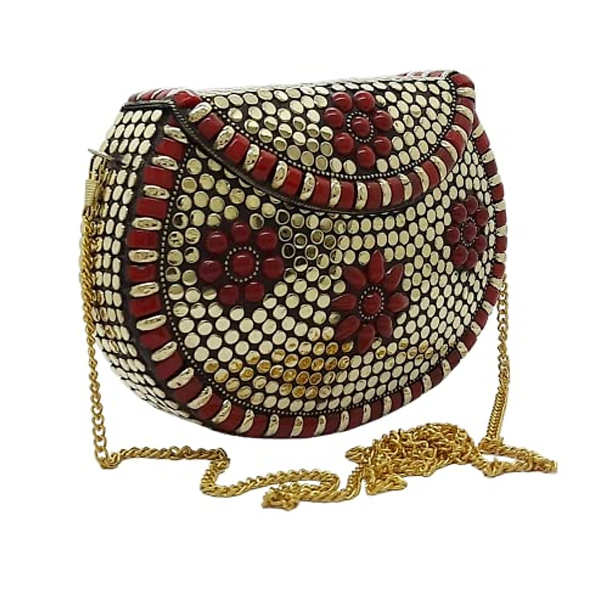 Trend Overseas Multicolor Acrylic Stone Golden metal Bead Clutch Girls Bridal Bag for women/Girl party clutch, Acrylic Red