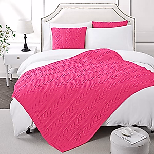 Aormenzy Knitted (50" x 60") and 2 Pillow Covers (18" x 18"), 3 Piece Hot Pink throw blanket Set, Decorative throw blankets for Couch Sofa Bed Living Room
