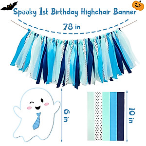 Fiesec Spooky One Birthday Highchair Banner Boy, Blue Halloween 1st Birthday Decorations Boy, Ghost First Party Decor, Little Boo Is One High Chair Ribbon Banner Smash Cake Photo Prop