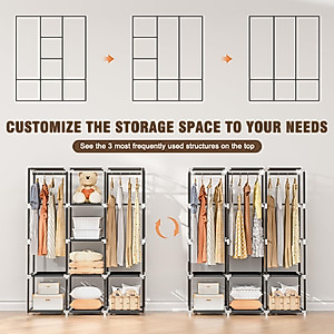 Neatrays Wardrobe Closet，Portable Closets for Hanging Clothes,Free Standing Clothes Rack with Cover & 3 Hanging rods & 6 Storage Shelves & 2 Side Pockets