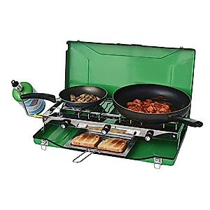 Flame King YSNBBQ-136M 3-Burner Portable Camping Stove Grill w/Toast Tray, Great for Outdoor Cooking, Backpacking, Compatible with 1LB Propane Gas Bottle