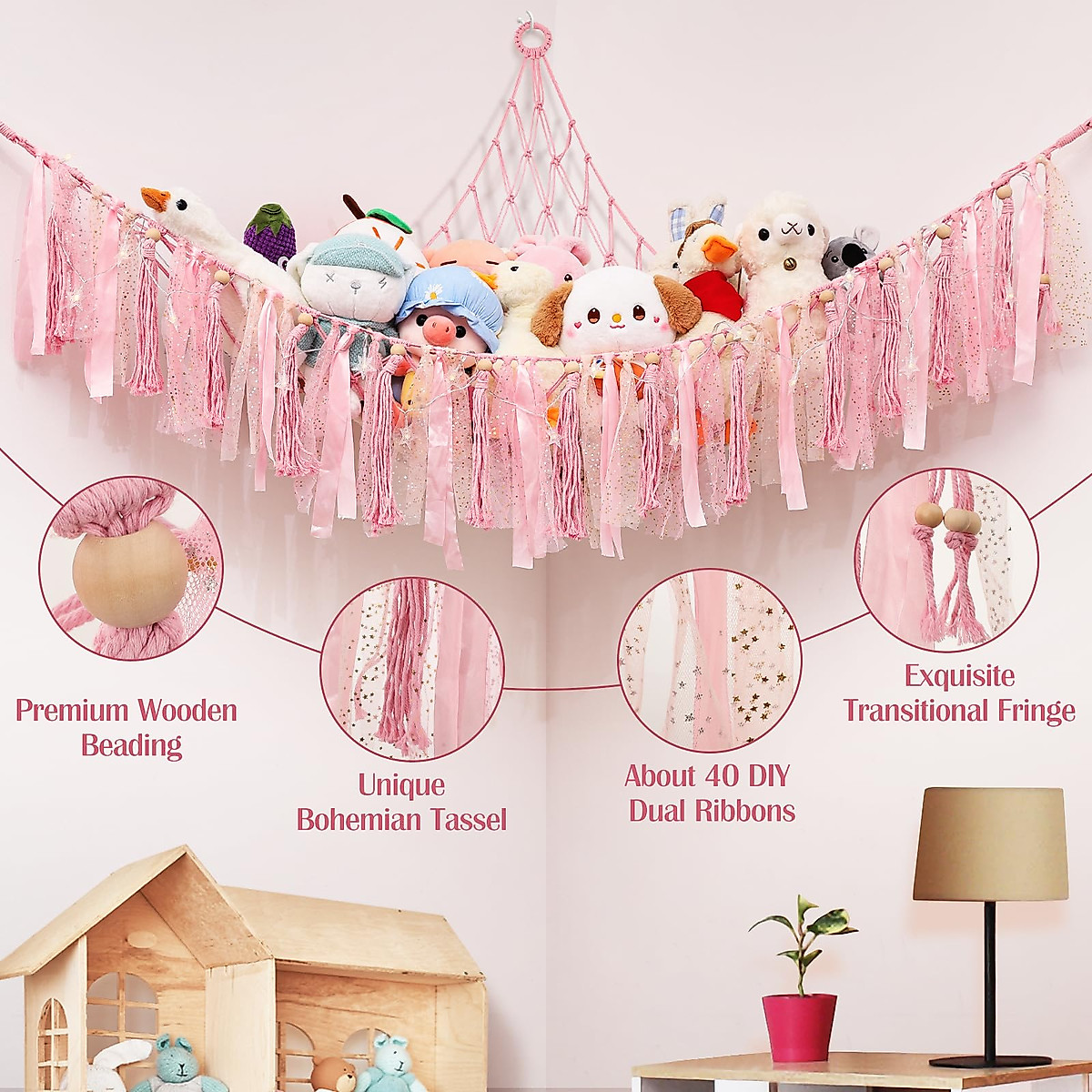 Lewondr Stuffed Animal Hammock, Dense Stuffed Animal Net or Hammock with Transitional Fringes, DIY Ribbons Great Decor Stuffed Animal Storage, 138'' Star Light String, 39'' x 39'' x 59, Pink
