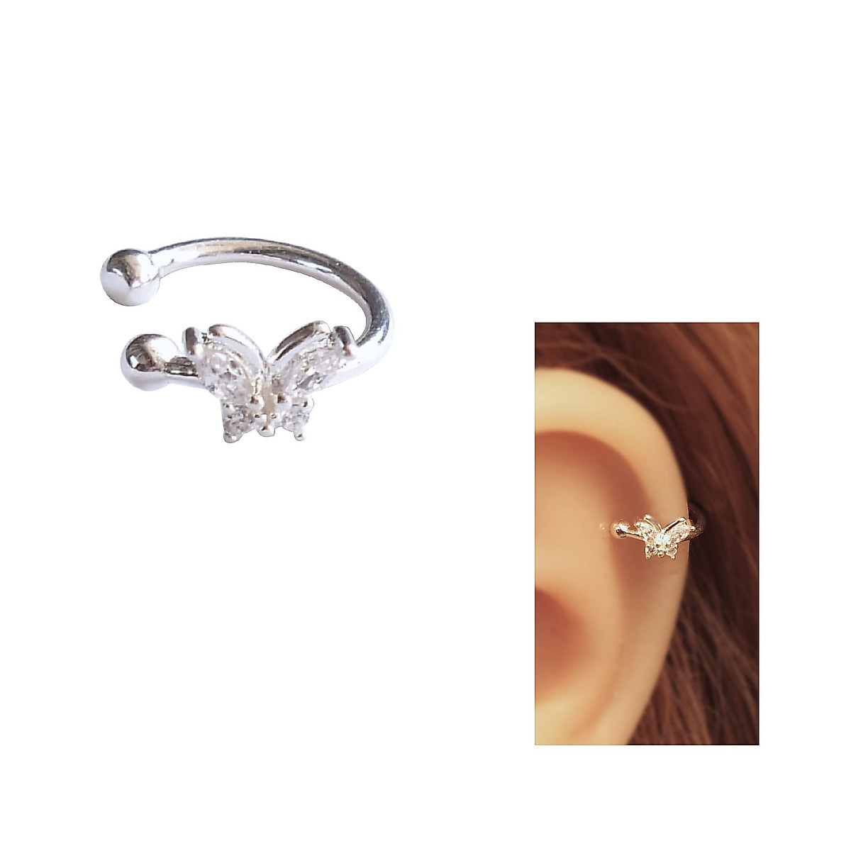 Handmade Single Butterfly CZ Adjustable Ear Cuff, 925 Sterling Silver Cubic Zirconia Clip On Non Piercing Huggie Earrings for Women, Small Dainty Ear Wrap Fake Ear, By MiYa Jewelry