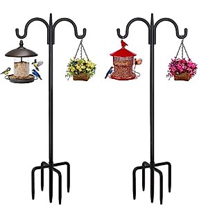 FEED GARDEN Adjustable Double Shepherds Hook for Outdoor with 5 Prong Base 91 Inch Heavy Duty Two Sided Bird Feeder Pole for Hanging Plant Baskets, Solar Light Lanterns, Wind Chimes 2 Pack