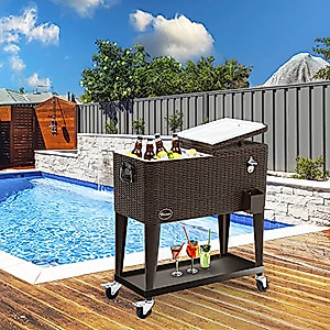 YITAHOME 80 Quart Rattan Rolling Cooler Cart with Bottle Opener Drainage, Portable Wicker Patio Cooler Rolling on Wheels, Outdoor Beverage Cart Rolling Drink Cooler for Patio Pool Deck Party Cookouts