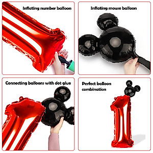 Cadeya Mouse Number 1 Birthday Balloons, 40”Black Red Aluminum Foil Balloons for Mouse Clubhouse 1st Birthday Party, Kids Theme Party Decoration Supplies