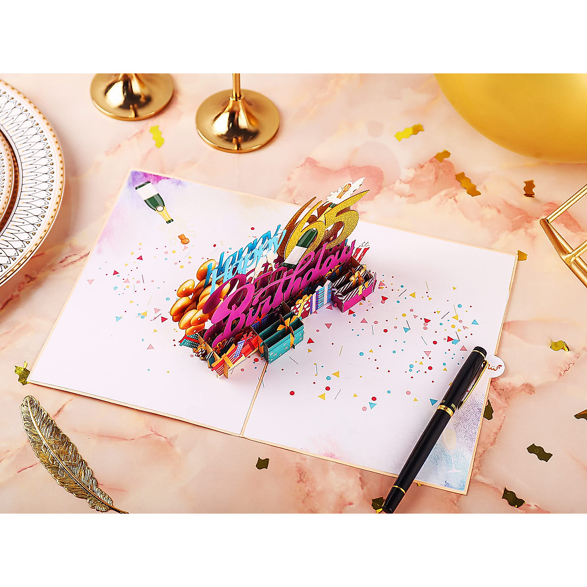 Liif Happy 65Th Birthday 3D Greeting Pop Up Card, Happy Birthday Card For Women, Men, Funny, 65 Years Old, Balloon, Champagne, Celebration - With 65 Gold Glitter & Message Note
