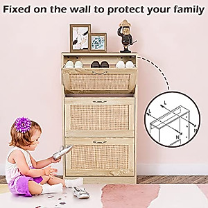 HOPUBUY Shoe Cabinet for Entryway, Narrow Shoe Storage Cabinet, Hidden Rattan Shoe Cabinet Wood 3 Tier Slim Shoe Rack for Home and Apartment, Nature