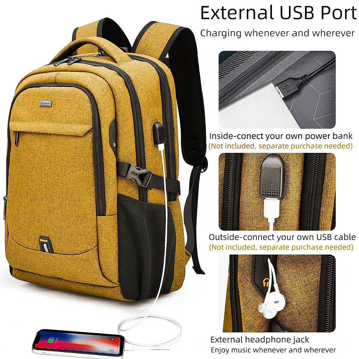DUSLANG 17 Inch Laptop Backpack for Travel Water Resistant College Backpack for Women Laptop Bag with USB Charging Port Work Backpack,Yellow