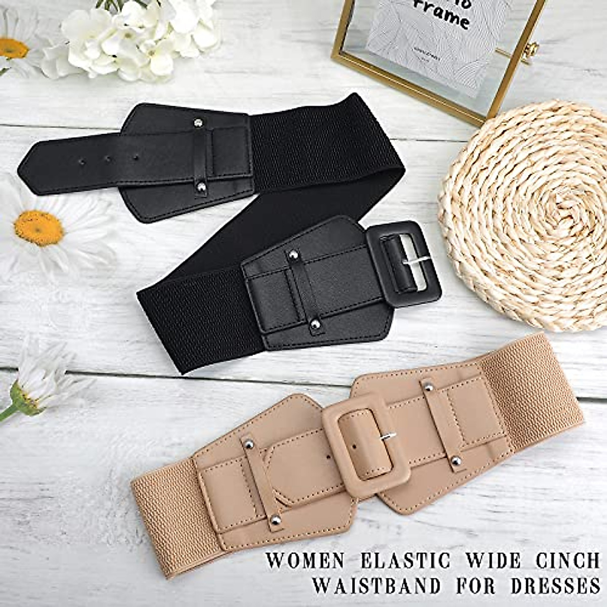 Geyoga Women Wide Belt for Dresses Women Dress Belt Stretchy Cinch Belt Corset Belt Retro Chunky Buckle Belts (Black, Camel)