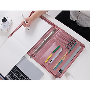 AZXCG Zipper Binder Portfolio for Women, 3 Ring Binders 1 inch, PU Leather Padfolio Folder, Business Portfolio Organizer with A4 Legal Pads, Thin Leather Professional Binder, Gift for Her, Rosegold