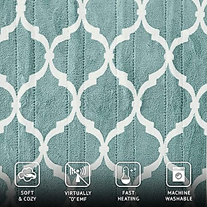 Beautyrest Ogee Printed Plush Electric Blanket for Cold Weather, Fast Heating, Auto Shut Off, Virtually Zero EMF, Multi Heat Setting, UL Certified, Machine Washable, Aqua Oversized Throw 60x70
