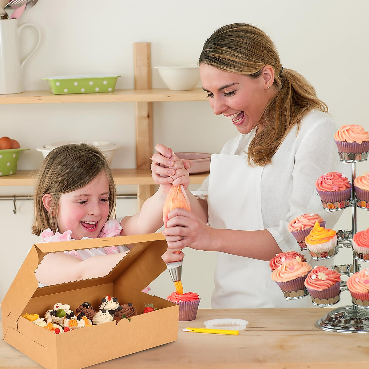 Moretoes 34 Sets Cupcake Boxes, Hold 12 Count Cupcake Containers, Brown Containers with Window and Inserts, 13 x 10 x 3.5 Inches Kraft Bakery Carrier Boxes for Birthday Holiday Party Bakery Supplies