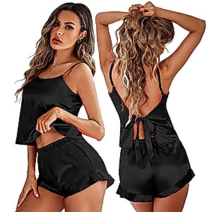 Ekouaer Silk Pajamas Set Women Satin Camisole Backless Sleepwear 2 Piece Pjs Cami Top and Shorts Nightwear Black