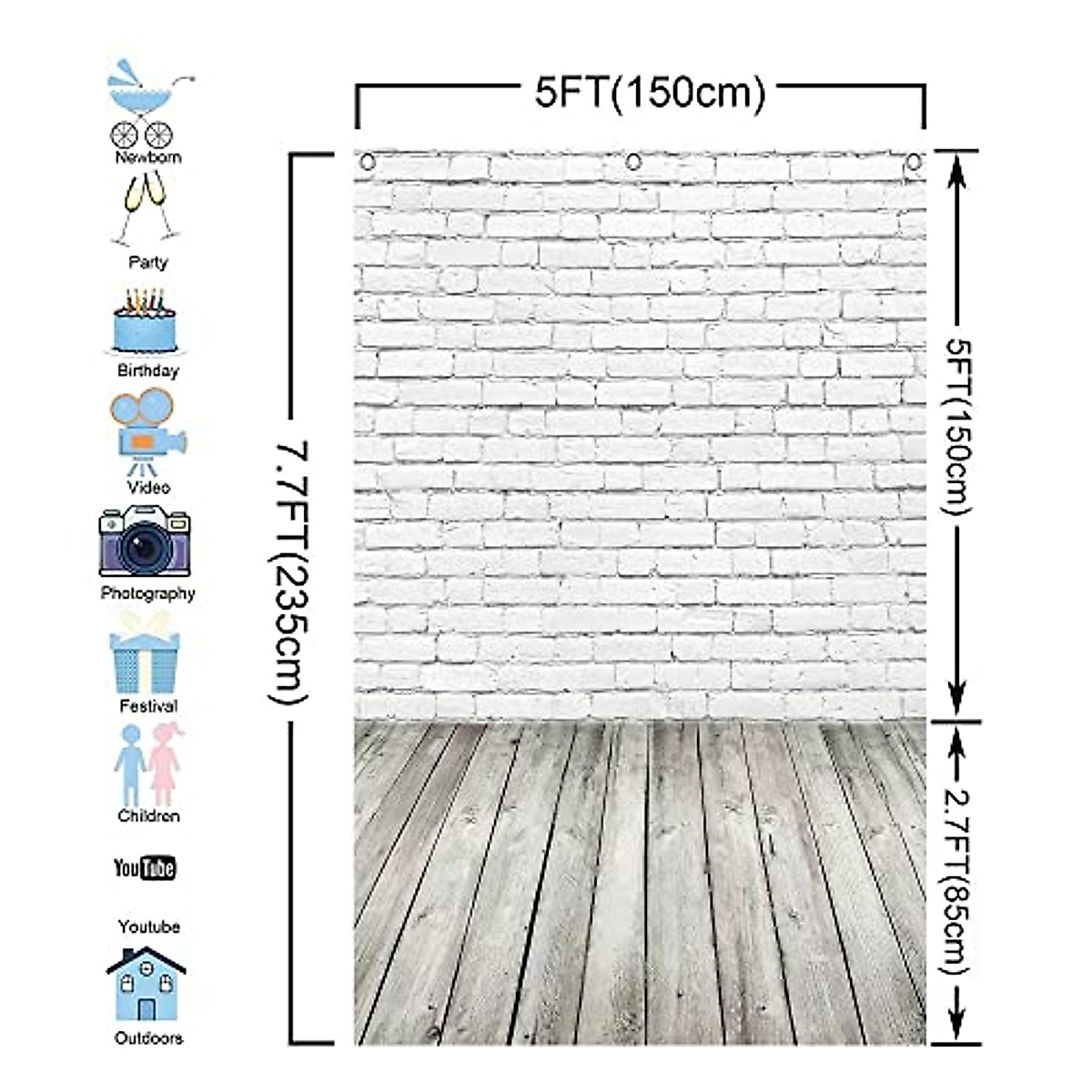 GiuMsi Polyester 5x7.7FT White Brick Wall with Wooden Floor Photography Backdrop with 3 Hooks for Baby Shower Newborn Portrait Photo Background Shoot Props