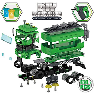 Street Sweeper Toy - 130 Pcs Friction Power STEM Take Apart Toys with Drill, Push & Go Lights & Sounds for Kids - Sanitation Trash Construction Vehicle Playset for Boys Ages 4 5 6 7 8 Years Old