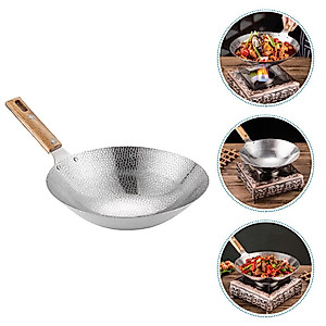 Luxshiny Wok Pan Non-stick Stainless Steel Stir Fry Pans With Wooden Handle 24cm Traditional Hand Hammered Round Bottom Woks Cooking Pot Cookware For Gas Induction Or Electric Stove