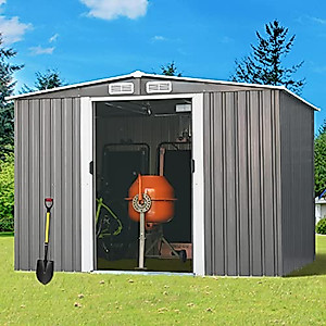 8 x 6 FT Outside Storage Shed, Metal Outdoor Storage Sheds with Sliding Doors, Large Garden Shed Outdoor Utility Tool Shed with Pent Roof for Backyard Patio Lawn, Gray