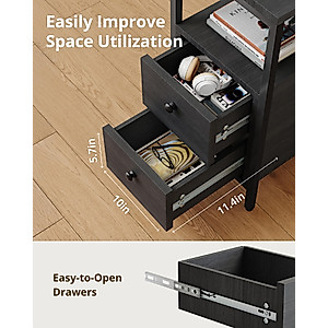 EVASTAR End Table with Charging Station, Narrow Side Table with 2 Drawers, Living Room Nightstand with Storage, Slim Bedside Table for Bedroom, Small Spaces, Black