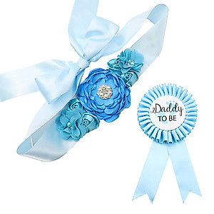 Sky Blue Maternity Sash & Daddy to be Corsage Set - Baby Shower Sash Baby Boy Pregnancy Sash Keepsake Baby Shower Flower Belly Belt