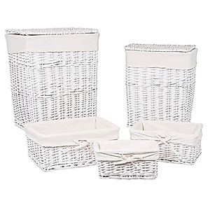 BIRDROCK HOME Woven Willow Baskets with Liner for Storage and Laundry - Set of 5 - Rectangular Hamper Bins with Lids - Decorative Wooden Wicker Basket for Organizing Blankets - Baby Organizer - White