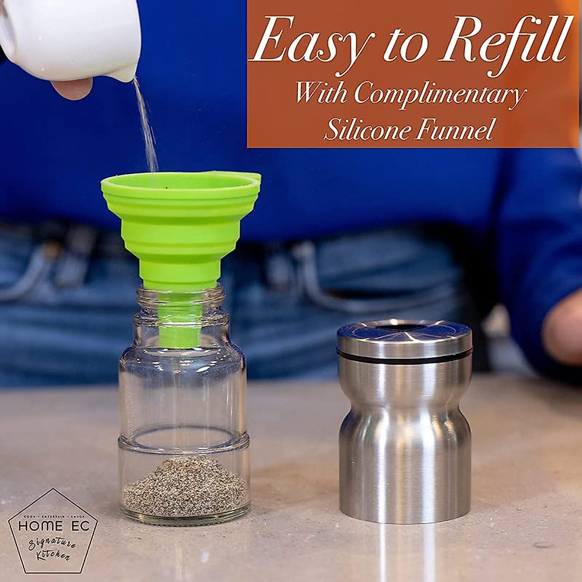 HOME EC Glass Salt and Pepper Shakers Set with Adjustable Pour Holes - Stainless Steel Salt Shaker and Pepper Shaker - Farmhouse Salt and Pepper Shaker Set for Himalayan, Kosher Sea Salts & Spices