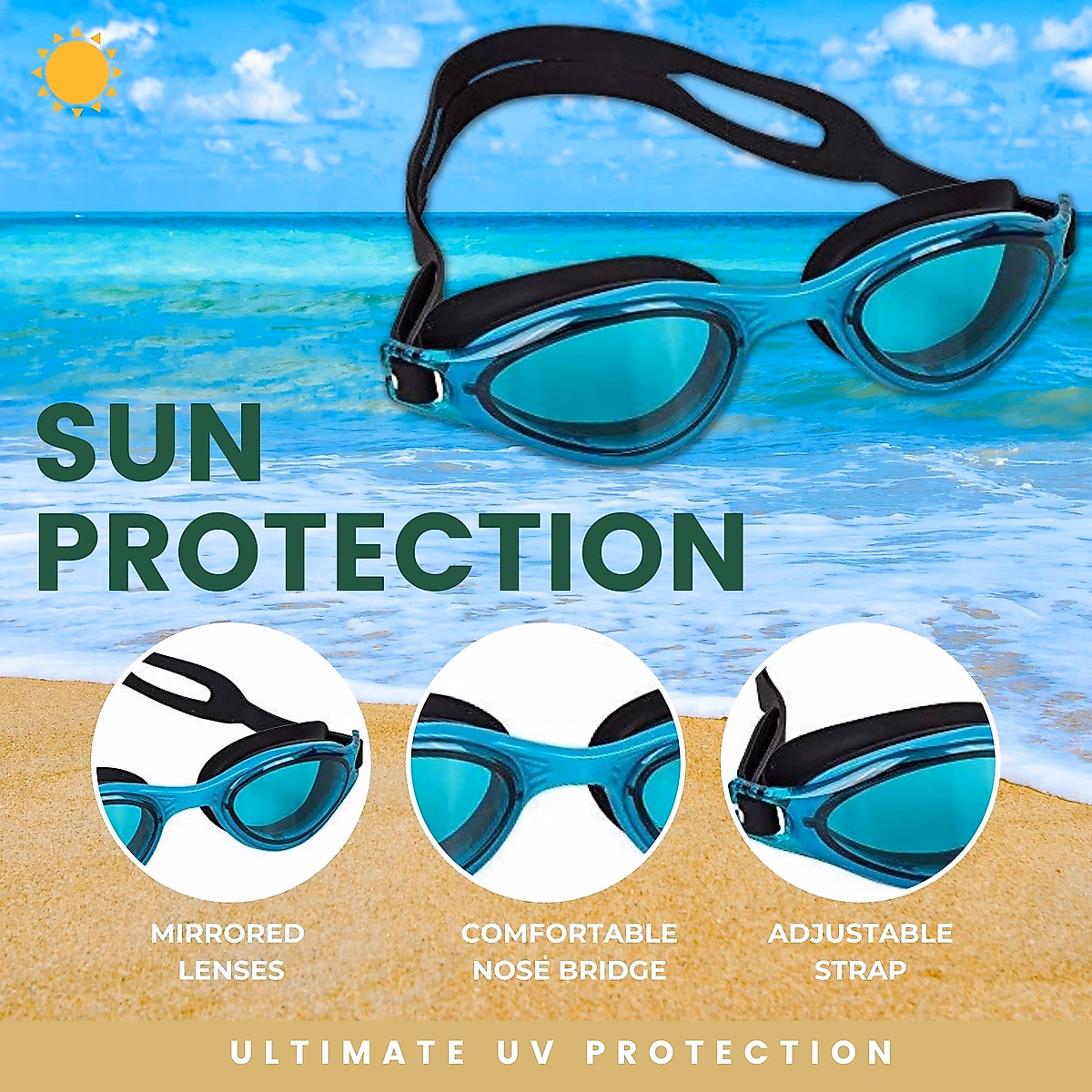 Splaqua Swim Goggles for Men and Women - Adjustable Straps, Silicone Eye Seal, UV Protection and Anti Fog Lenses Swimming Goggle - Teal and Black