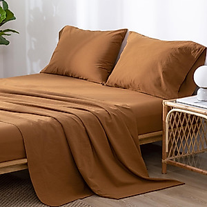 MooMee Bedding Sheet Set 100% Washed Cotton Linen Like Textured Breathable Durable Soft Comfy (Dark Orange, Queen)