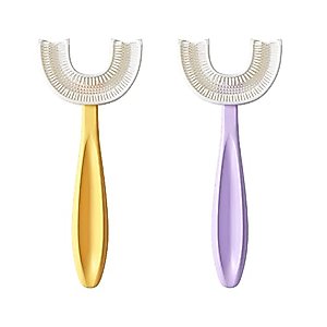 U Shaped Toothbrush Kids 6-12 Years Old- Two Premium Soft Toothbrushes Come with Travel Case & - Sensory Toothbrush - Rounded Toothbrush Kids Size Head Makes Brushing Fun & Easy - 1 Purple, 1 Yellow
