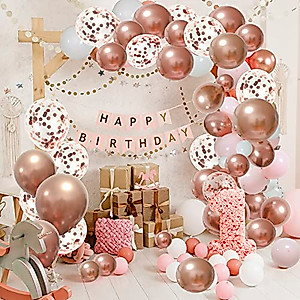 RUBFAC 50pcs Rose Gold Balloon Metallic Confetti Balloons 12 Inch Latex Balloons with 66ft Ribbon for Birthday Party Decorations