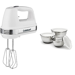 Cuisinart Power Advantage 5-Speed Hand Mixer, White and Cuisinart Stainless Steel Mixing Bowls, 3-Piece Set