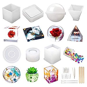 Resin Molds Silicone Kit 20Pcs,Epoxy Resin Molds Including Sphere,Cube,Pyramid,Square,Round, Used for Create Art,DIY,Ash trays,Coasters,Candles.Bonus Decorative Sequins and The Complete Set Tools