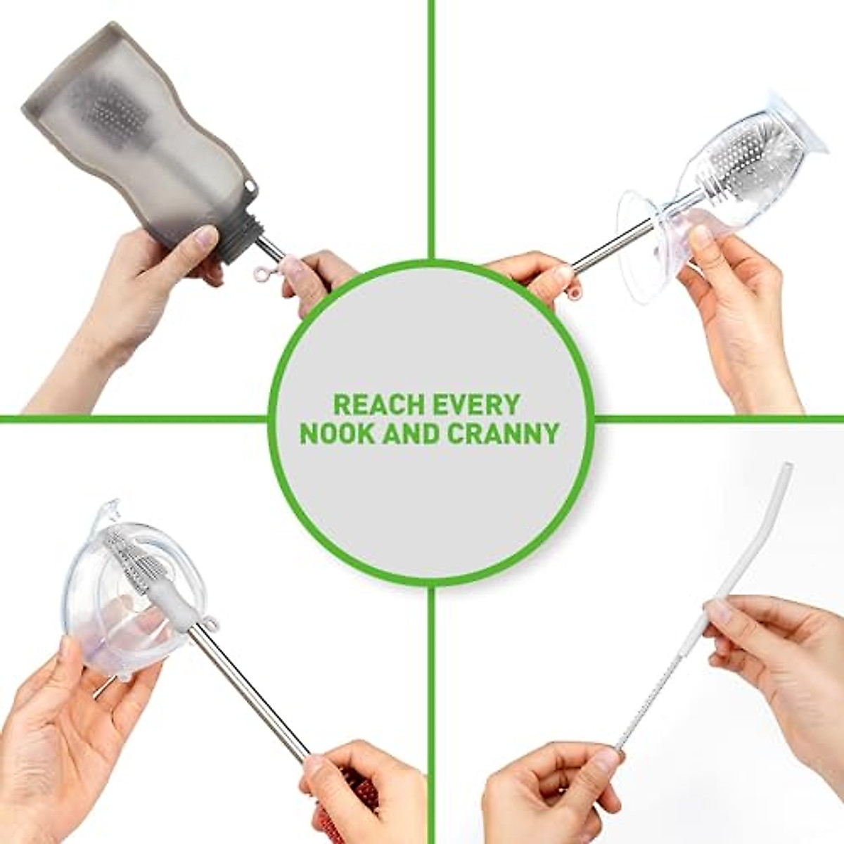 Haakaa Baby Bottle Brush Kit -Silicone Cleaning Brush for Breast Pump,Nipple,Breast Milk Storage Bag,Reusable Straw,Sippy Cup - Food Grade Silicone Bristles, Portable -3 Pcs - Light Gray